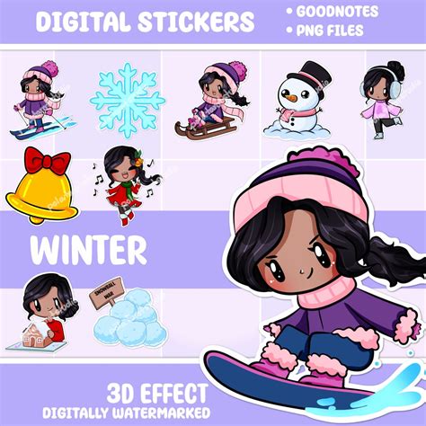 Cute Stickers For Winter Planner Olivia Medium Skin Black Hair Kawaii Onenote Stickers Digital