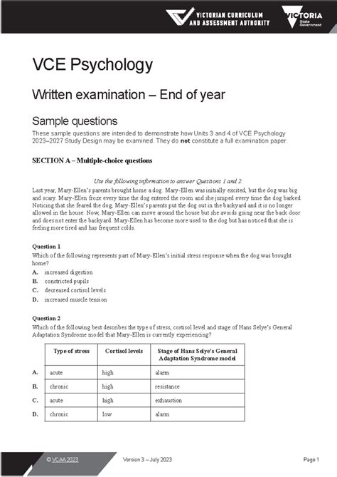 Vcaa Sample Exam Vce Psychology Theory And Practice Questions 2023