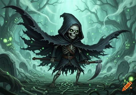 A Stylized Grim Reaper Skeleton With Glowing Green Eyes Holds A Scythe