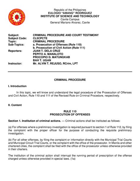 4 Cl5 Cpcte 1 Rule 110 111 Republic Of The Philippines Eulogio “amang