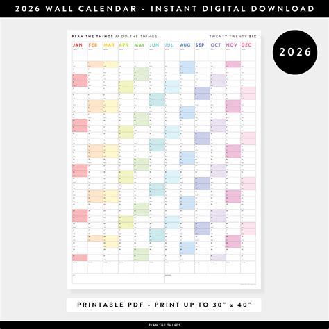 Printable Vertical 2026 Wall Calendar With Rainbow Weekends Instant