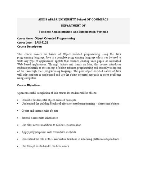 Oop Course Outline2 Download Free Pdf Object Oriented Programming Java Programming Language