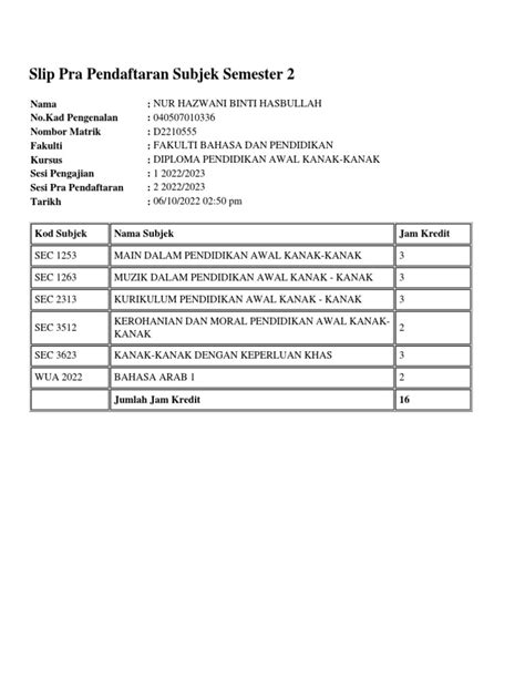 Daftar Subjek Sem 2 Pdf