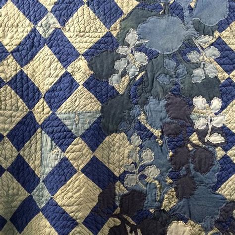 Blue And White Checkered Quilt With Flowers And Squares Cyanotype