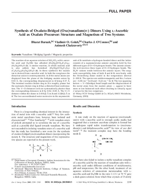 Pdf Synthesis Of Oxalato Bridged Oxo Vanadium Iv Dimers Using L