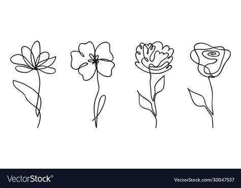 Vector Set Of One Line Drawing Abstract Flowers Hand Drawn Modern