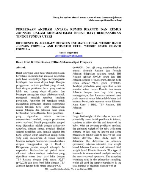 Pdf Perbedaan Akurasi Antara Rumus Risanto Dan Rumus Johnson Dalam