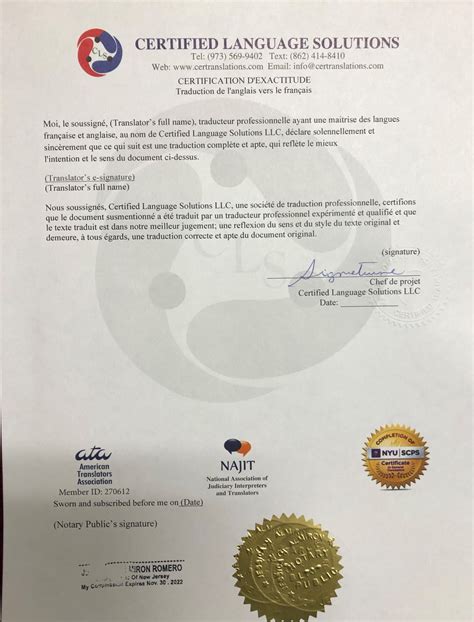 Certification Samples Certified Language Solutions