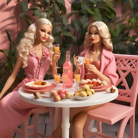 Premium Ai Image Two Blonde Barbies In Pink Outfits Sit At A White Round Table Set With Food