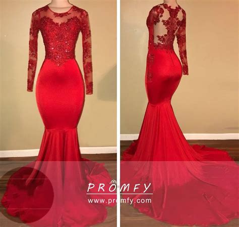 Beaded Red Lace Long Sleeve Mermaid Formal Dress Promfy