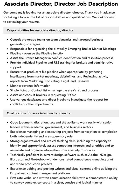 Associate Director Director Job Description Velvet Jobs