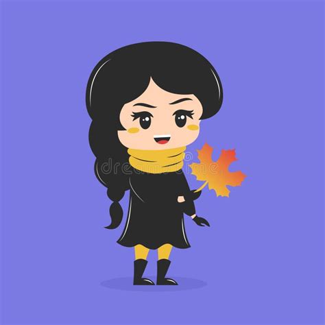Chibi Style Girl Character With Maple Leaf Vector Illustration In Flat