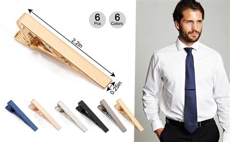 6 Pack Tie Clip For Men Long Styles Silver Gold Black Blue Tie Pins