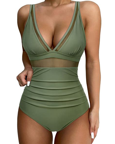 Suuksess Women Sexy Mesh Tummy Control Swimsuit Push Up High Waisted Bathing Suit Small 10 Army