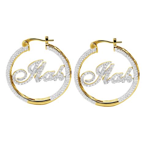 Custom Inside Out Diamond Hoop Earrings With Initials Nameplate 14k