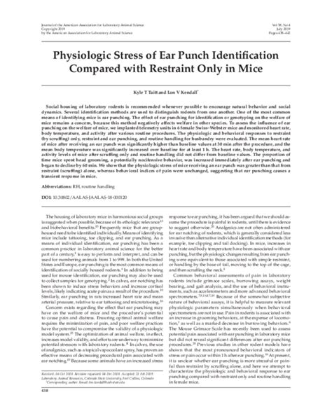 Pdf Physiologic Stress Of Ear Punch Identification Compared With Restraint Only In Mice