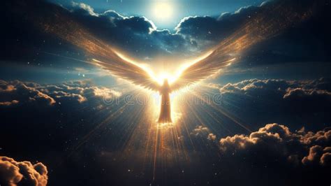 Majestic Powerful Astral Golden Light Angel On Top Of Clouds In A Blue