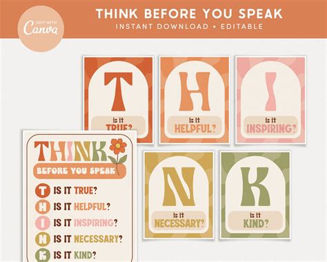 Editable Think Classroom Printable Posters Think Before You Speak