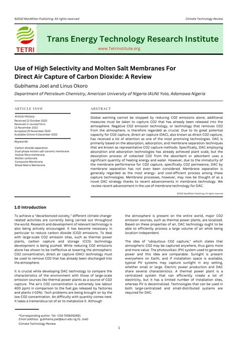 Pdf Use Of High Selectivity And Molten Salt Membranes For Direct Air