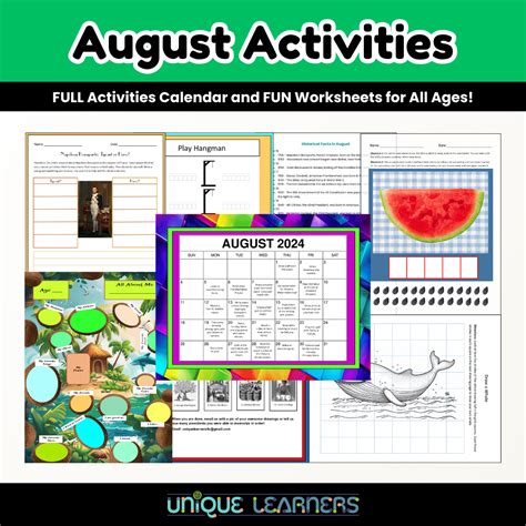 August Activities Calendar Pack Unique Learners