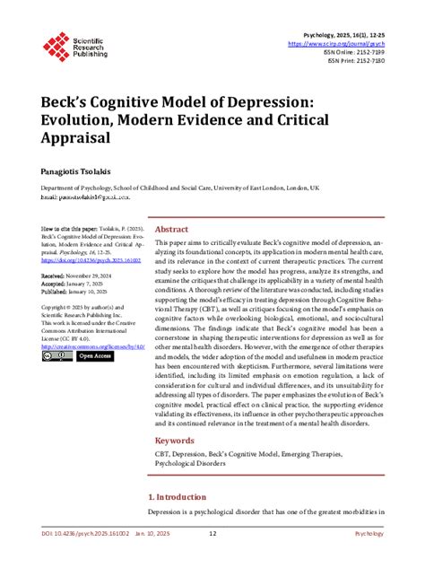 Pdf Becks Cognitive Model Of Depression Evolution Modern Evidence