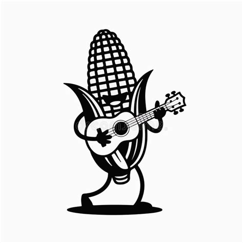 Black And White Cartoon Corn Cob Character Playing Ukulele And Dancing