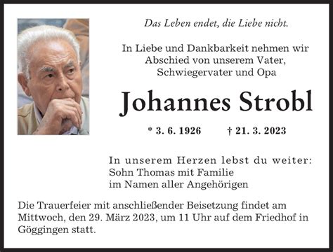Traueranzeigen Von Johannes Strobl Augsburger Allgemeine Zeitung