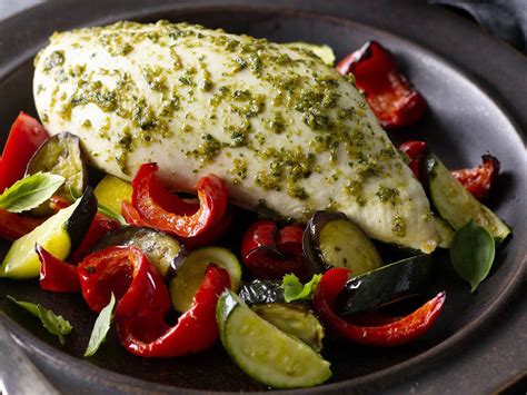 Pesto Marinated Chicken Breasts On Mediterranean Vegetables