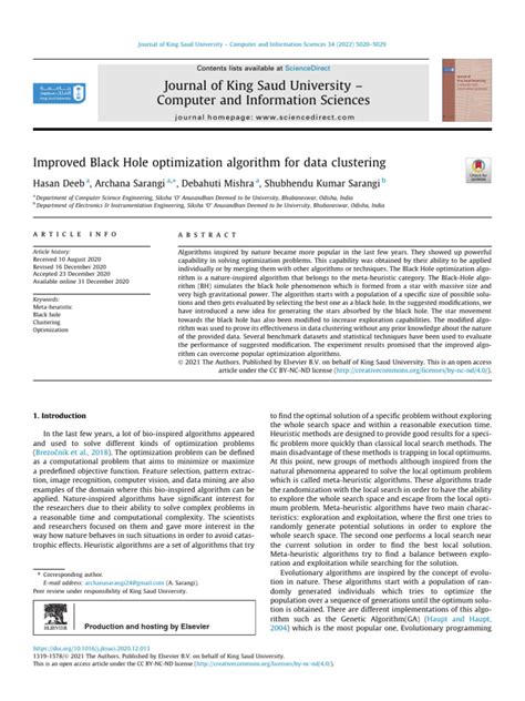 Improved Black Hole Optimization Algorithm For Data Clustering Pdf