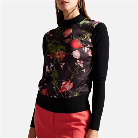Ted Baker Frasiee Floral Satin And Jersey Sweater In Black Lyst