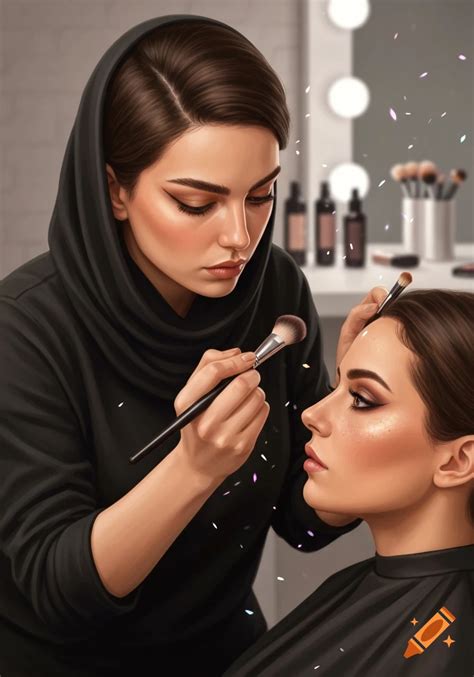 A Stylized Illustration Of A Makeup Artist In A Hijab Applying Makeup