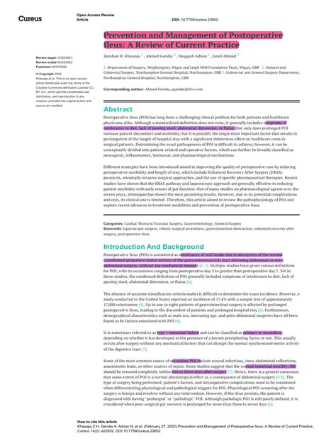 Prevention And Management Of Postoperative Ileus A Review Of Current