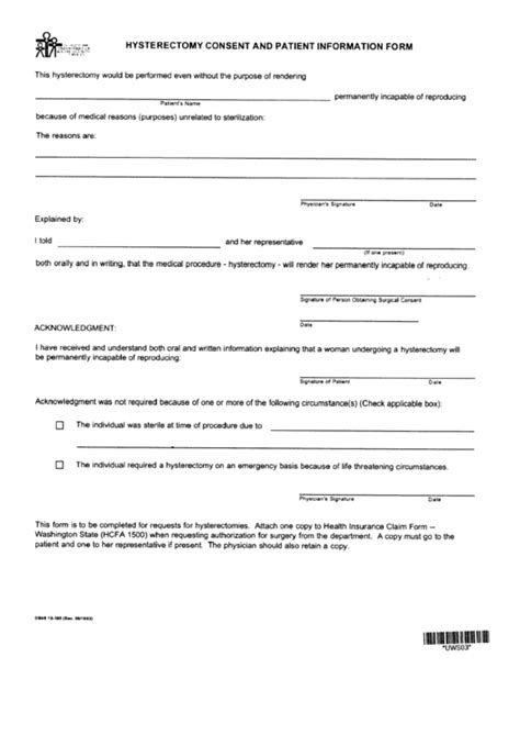 Form Dshs 13 385 Hysterectomy Consent And Patient Information Form Printable Pdf Download