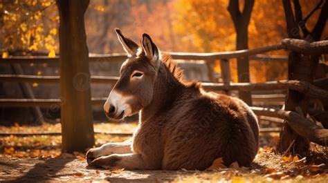 âne En Automne Fond Un âne De Zoo Se Prélassant Sous Le Chaud Soleil