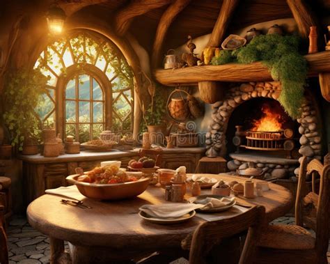 Food Is On A Table In The Kitchen Of A Fantasy House Stock