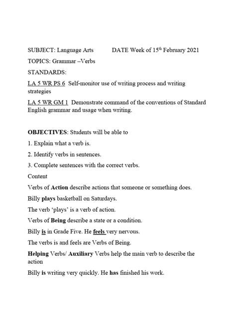Verbs Lesson Plan Pdf Verb Subject Grammar