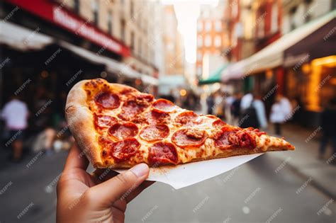 Premium Photo Handheld New York Style Pepperoni Pizza Slice On A New