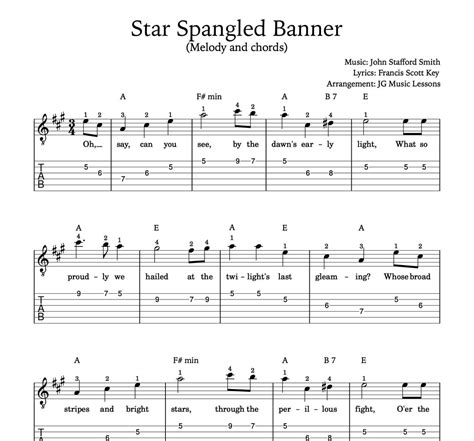 Star Spangled Banner Guitar Sheet Music With Tabs Chords And Melody Etsy