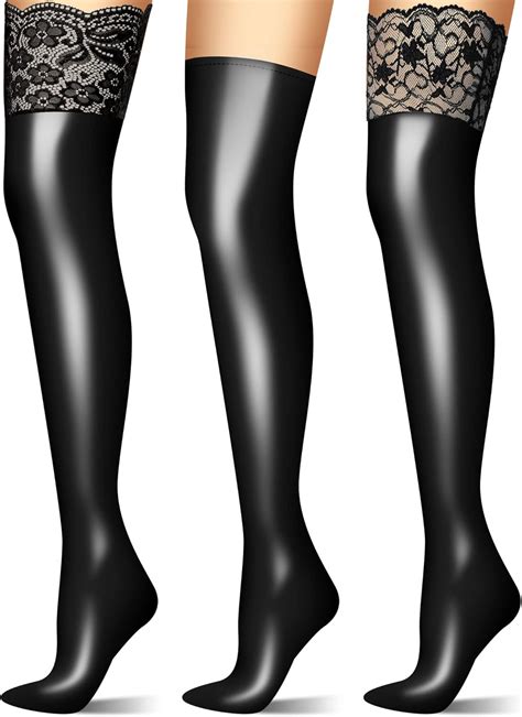 3 Pairs Womens Wet Look Thigh High Stockings Black Elastic Stockings