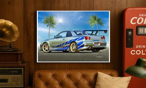 2 Fast 2 Furious Brians Nissan Gtr R34 Original Art Print Movie
