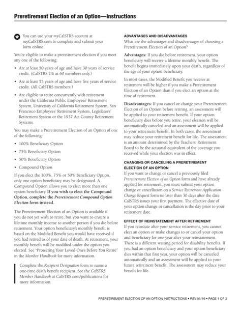 Preretirement Election Of An Option—instructions