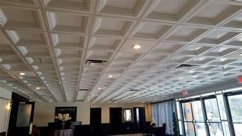 Sample Of Coffered Faux Tin Decorative Ceiling Tile In White Matte