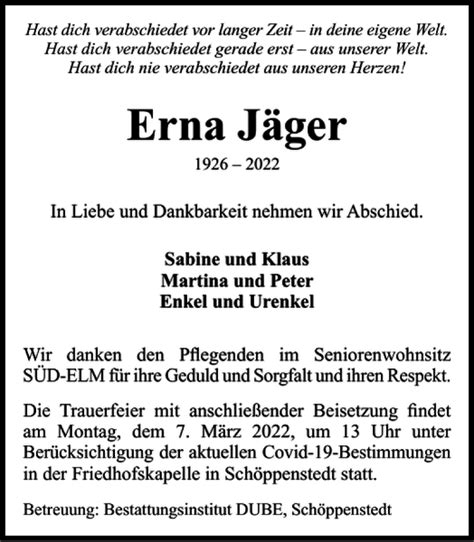 Traueranzeigen Von Erna Jäger Trauer38 De