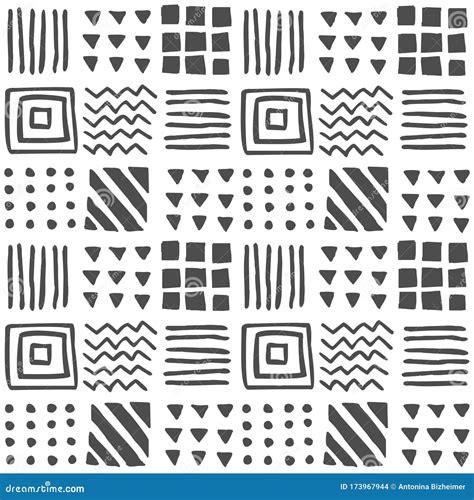 Vector Seamless Geometric Pattern Of Hand Drawn Squares Stripes Lines Dots Triangles