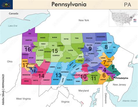 Pennsylvania State Map With Counties Borders And Colored Congressional