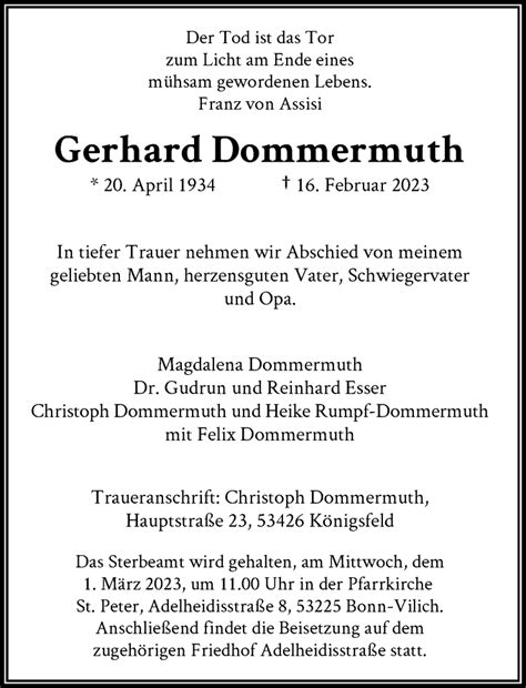 Traueranzeigen Von Gerhard Dommermuth Ga Trauer De