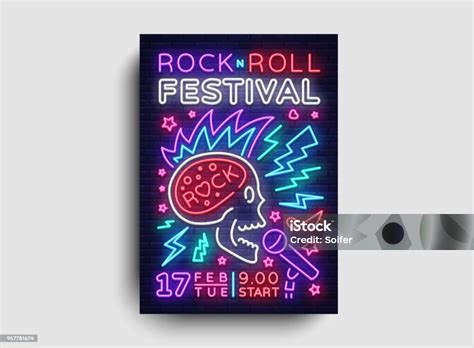 록 음악 축제 전단지 디자인 서식 파일입니다 바위와 롤 네온 사인 라이트 배너 록 콘서트 초대 네온 스타일 밝은 소책자 인쇄 술 밝은 네온 광고 디자인 벡터 일러스트 레이