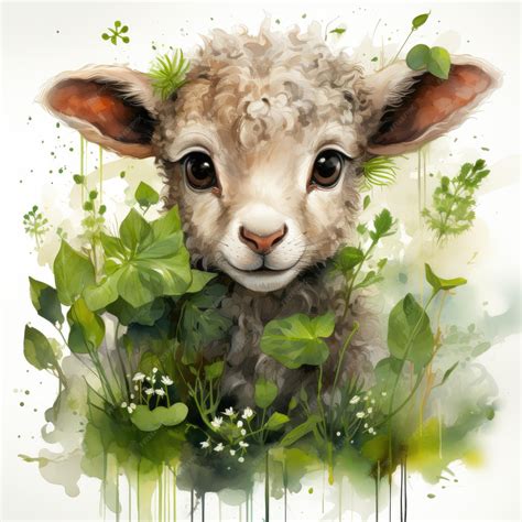 Waterco Cute Lamb In Green Grass Spring Flower Clipart Illustration
