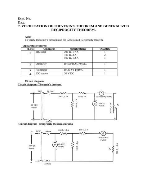 Verification Of Thevenins Theorem And Generalized Reciprocity Theorem