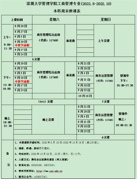 2022年5月 10月学期第二阶段上课时间安排表 深圳大学管理学院自考官网